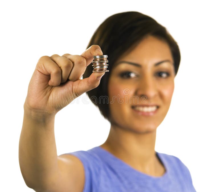 Young Ethnic Woman Holds a Stack of Coins. Stock Photo - Image of ...