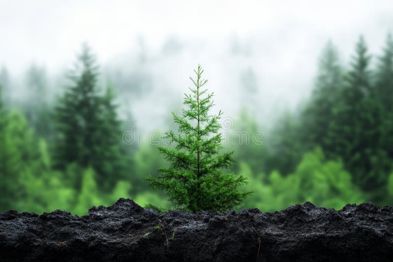Young Evergreen in Misty Forest a Single Young Evergreen Tree Sprouts ...