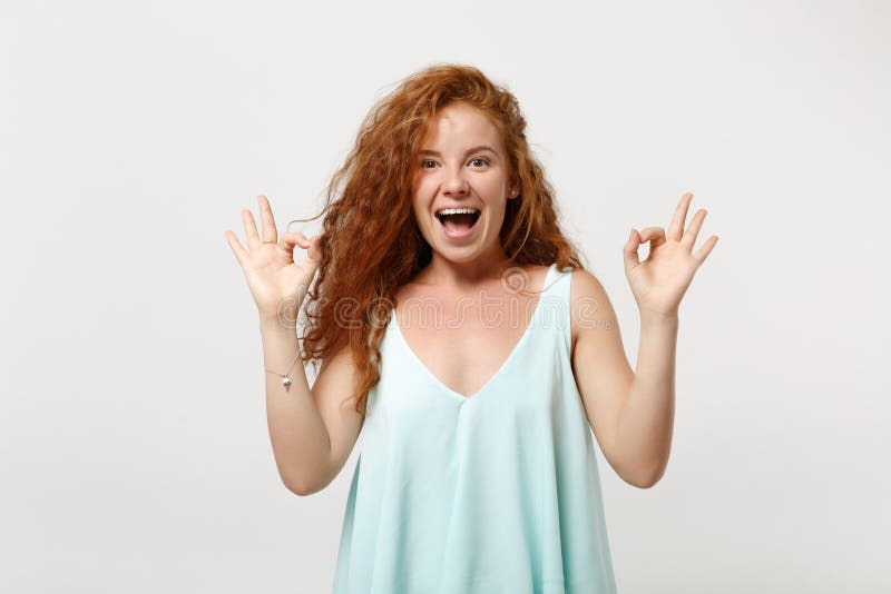 Young Excited Funny Redhead Woman Girl In Casual Light Clothes Posing