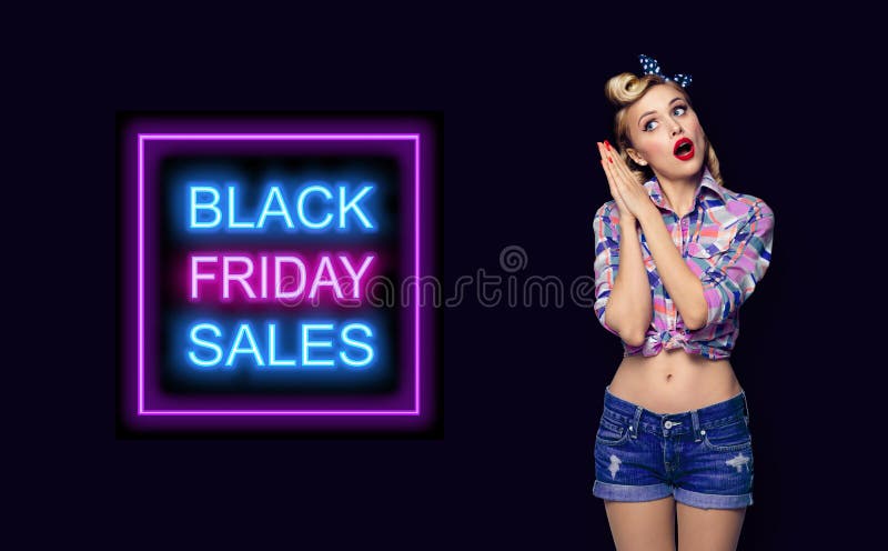 Young Excited Woman In Pin Up Black Background Stock Image Image Of