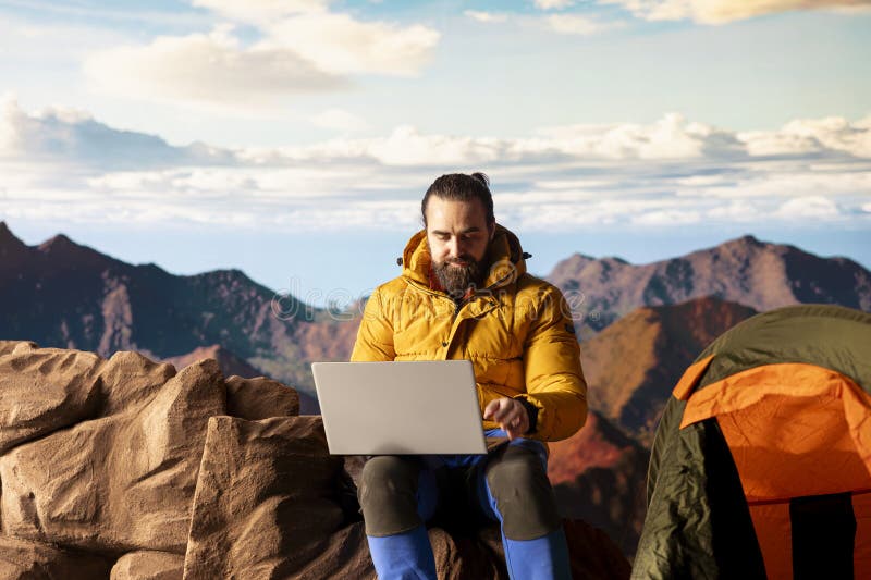 Young Explorer Keeps Working Top Mountain Internet Everywhere Stock ...