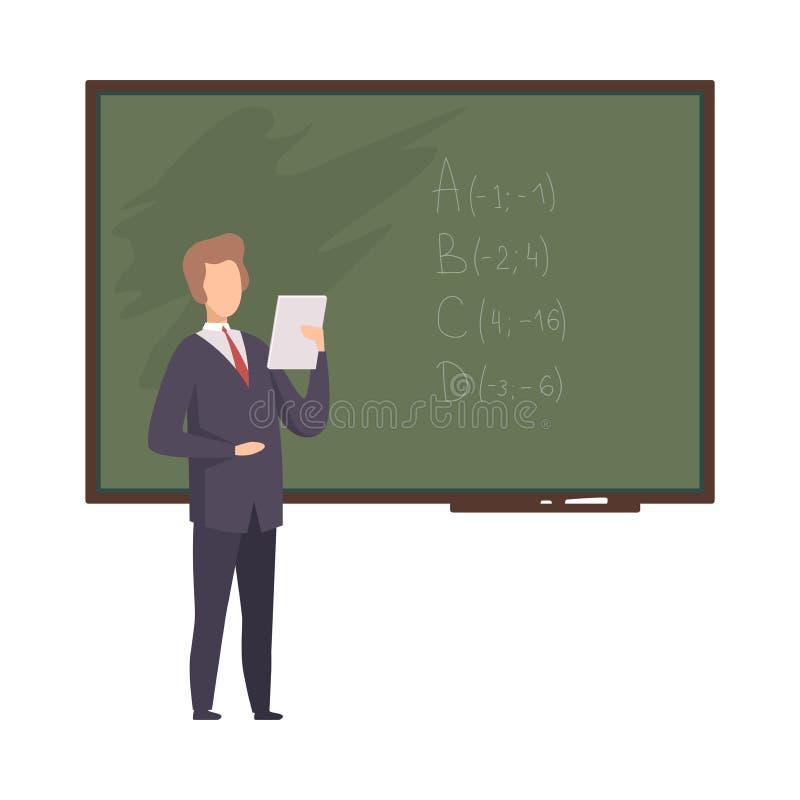 Young Math Man Teacher Standing at the Blackboard and Explaining ...