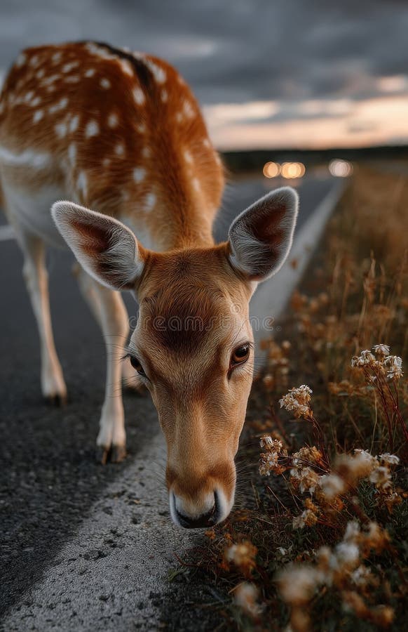 Young Fallow Deer Grazing Near Road at Sunset Stock Photo - Image of ...