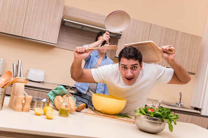 The Young Family Doing Funny Fight at Kitchen Stock Image - Image of ...
