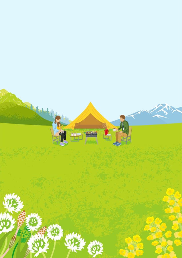 Young Family Enjoying Camp in Spring Nature - Vertical Stock Vector ...