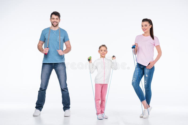 Young Family with Jump Ropes on White Stock Photo - Image of caucasian ...