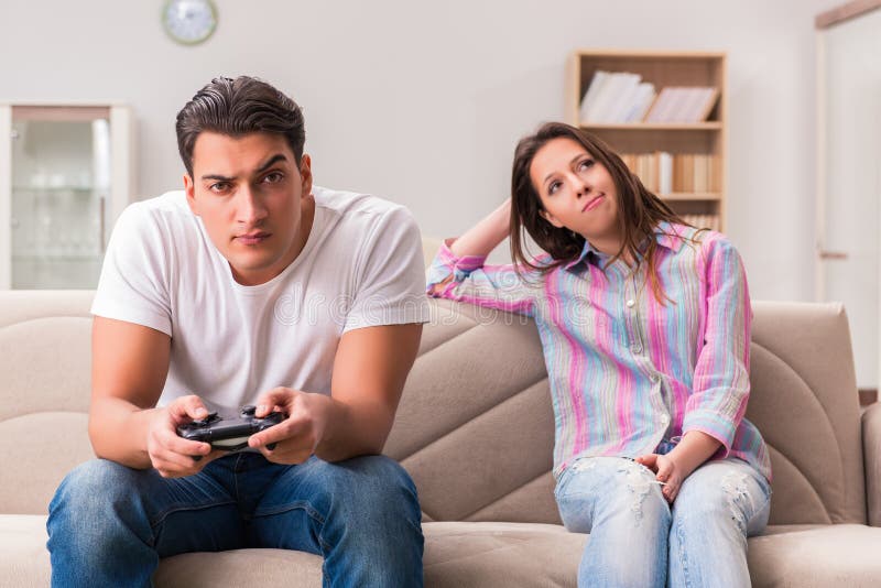 The Young Family Suffering from Computer Games Addiction Stock Image ...
