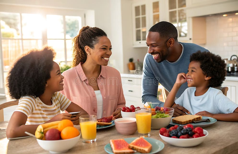 Young Family Talking during Breakfast at Dining Table Stock ...