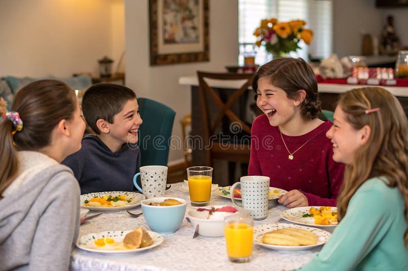 Young Family Talking during Breakfast at Dining Table Stock ...
