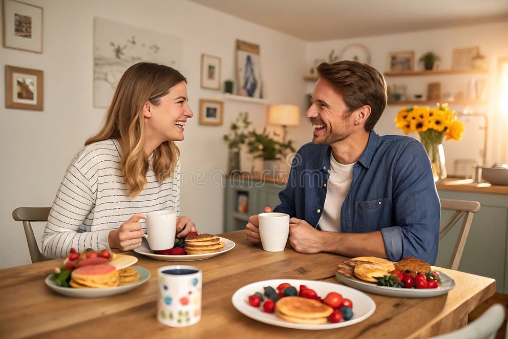 Young Family Talking during Breakfast at Dining Table Stock ...