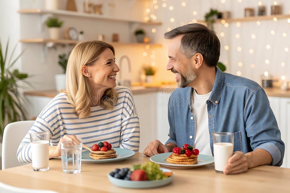 Young Family Talking during Breakfast at Dining Table Stock ...