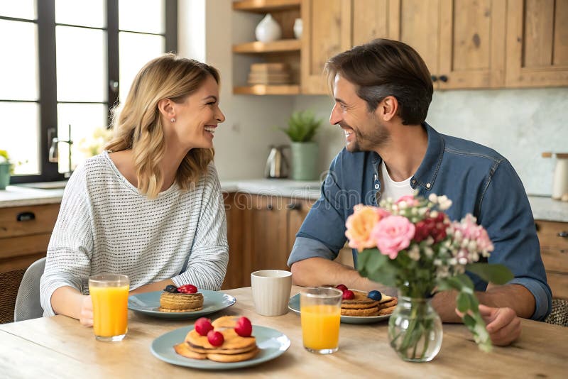 Young Family Talking during Breakfast at Dining Table Stock ...