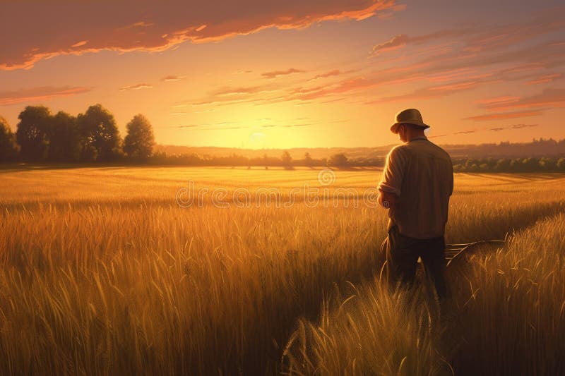 Young Farmer Working in the Field at Sunset. AI Generated Stock ...