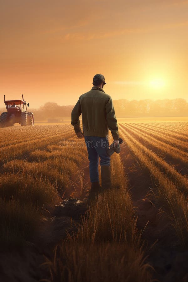 Young Farmer Working in the Field at Sunset. AI Generated Stock ...