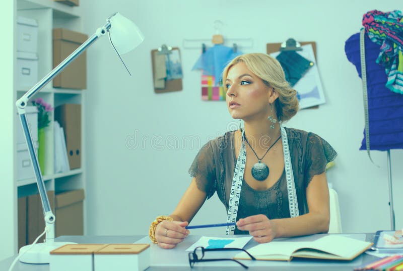 Young Fashion Designer Working at Studio. Stock Image - Image of ...
