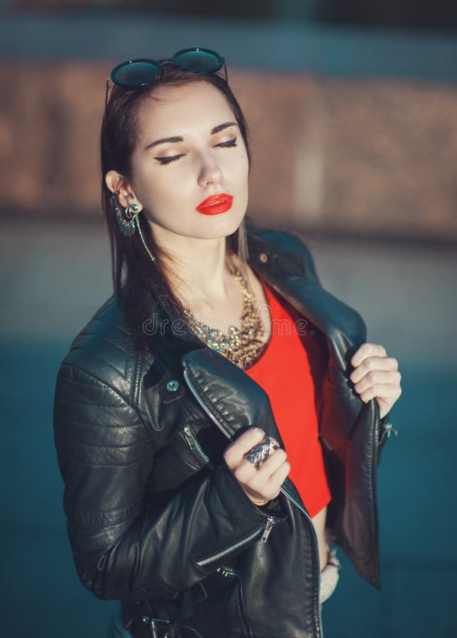 Young Fashion Hipster Beautiful Girl In Leather Jacket Outdoor Stock