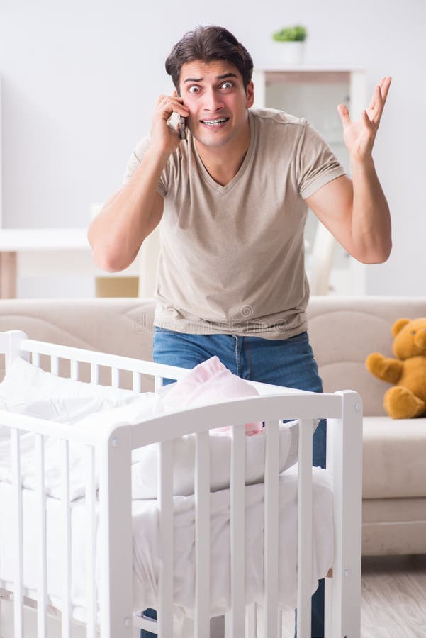 The Young Father Dad Frustrated at Crying Baby Stock Image - Image of ...