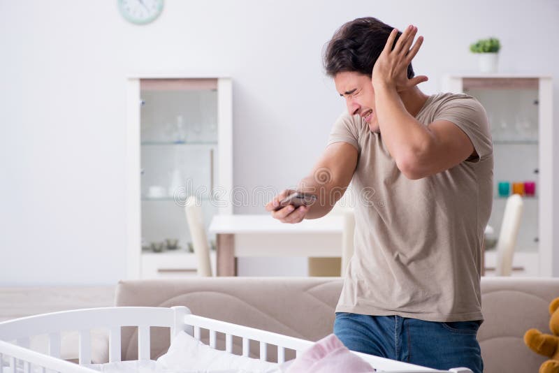 The Young Father Dad Frustrated at Crying Baby Stock Image - Image of ...