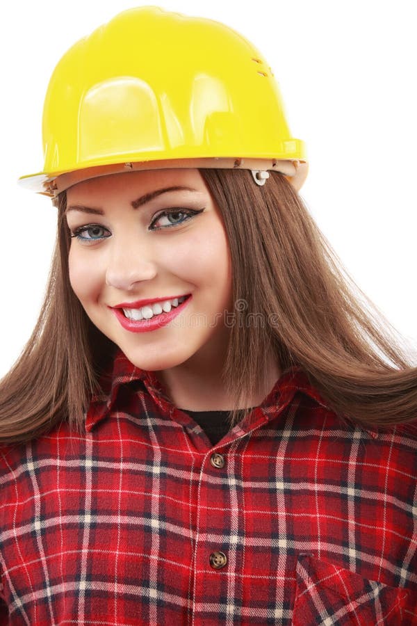 Young Female Architect or Builder Wearing a Yellow Hart Hat on a Stock ...