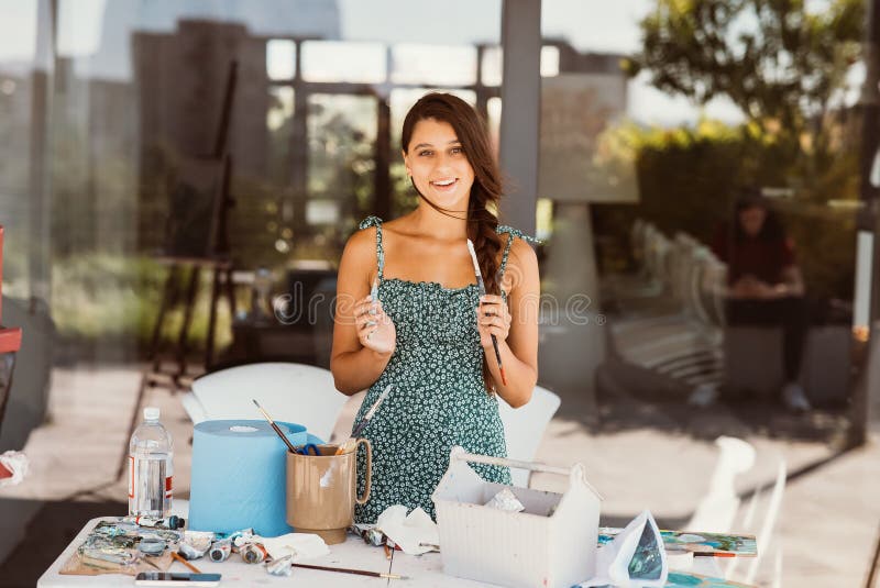 Young Beautiful Female Artist with Tools Posing for Camera Stock Image ...