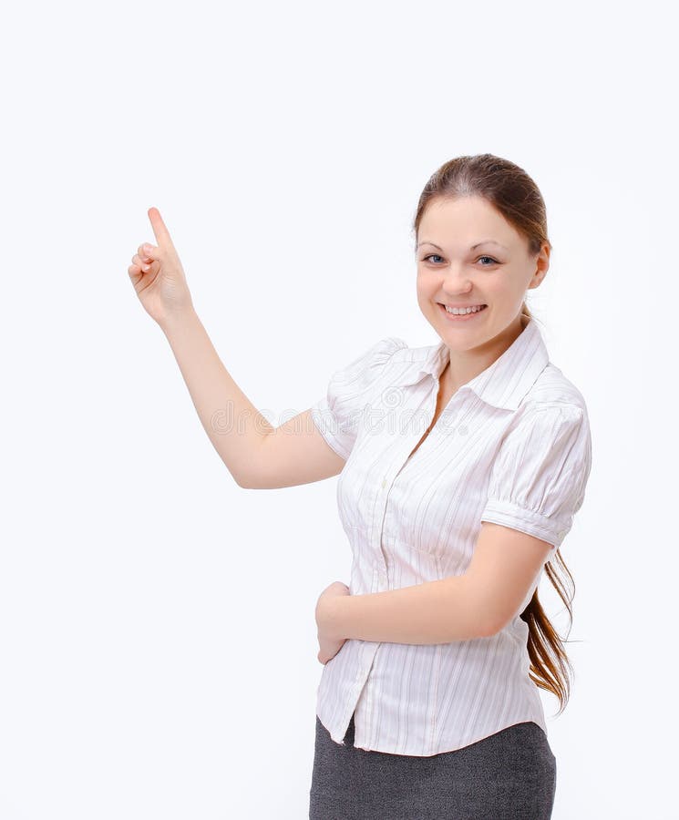 Young Female Assistant Showing on Copy Space. Stock Image - Image of ...