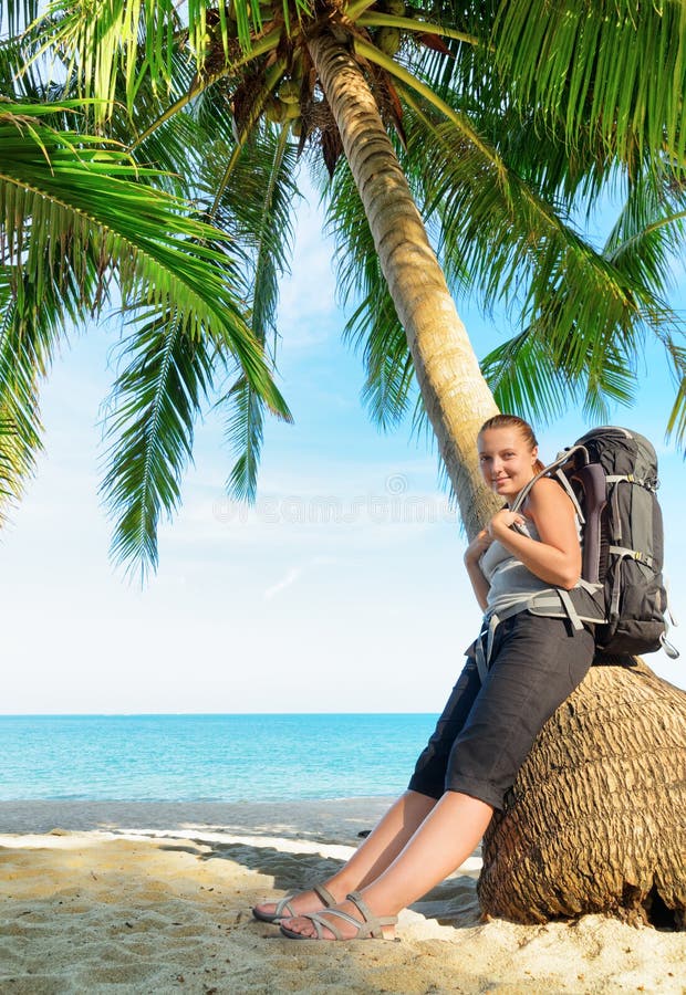 Young Female Backpacker on a Beach Stock Photo - Image of female, hike ...