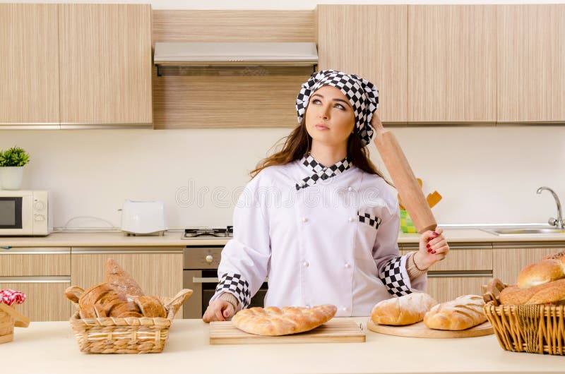 The Young Female Baker Working in Kitchen Stock Image - Image of cafe ...