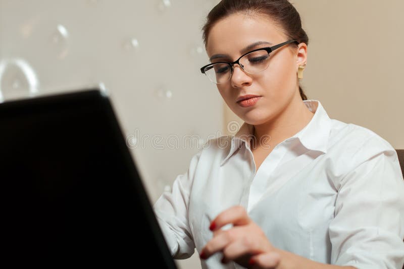 Female Bookkeeper in Glasses Using Laptop Stock Image - Image of female ...