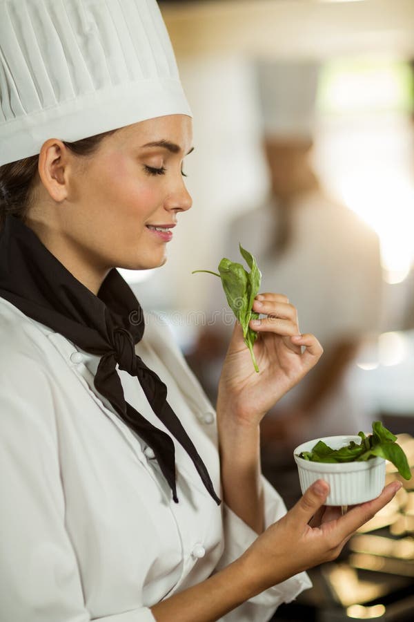 Chef Smelling Food in Commercial Kitchen Stock Image - Image of happy ...