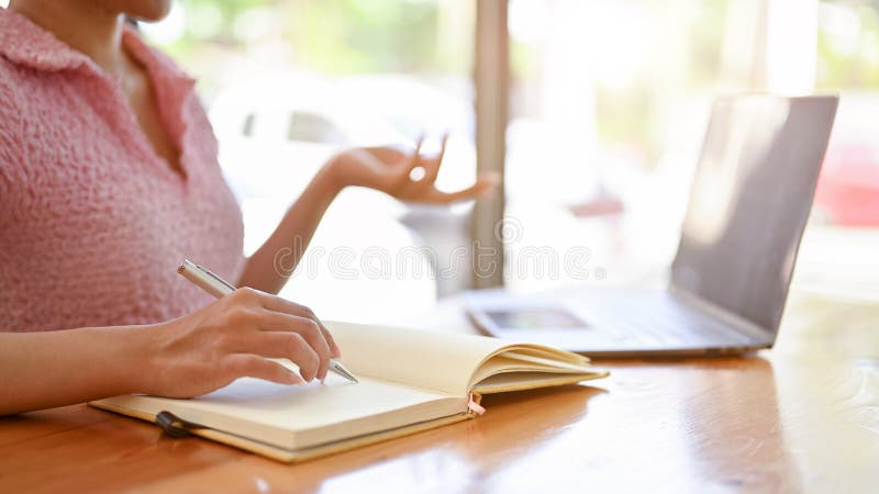 A Young Female College Student Doing Her Work Assignment. Rear View ...