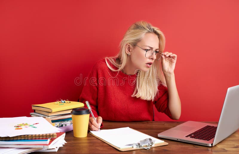Young Female is Concentrated on Work on Laptop Stock Image - Image of ...
