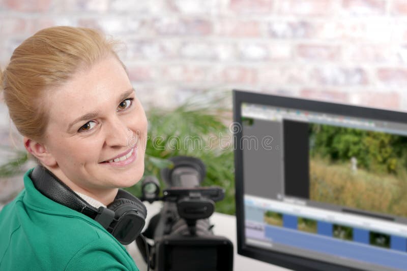 Young Female Designer Using Computer for Video Editing Stock Photo ...