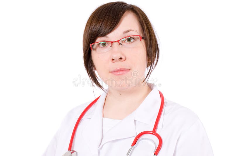 Young Female Doctor Isolated on White, Red Specs Stock Image - Image of ...