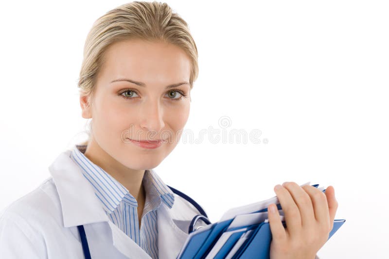 Young Female Doctor with Stethoscope on White Stock Image - Image of ...