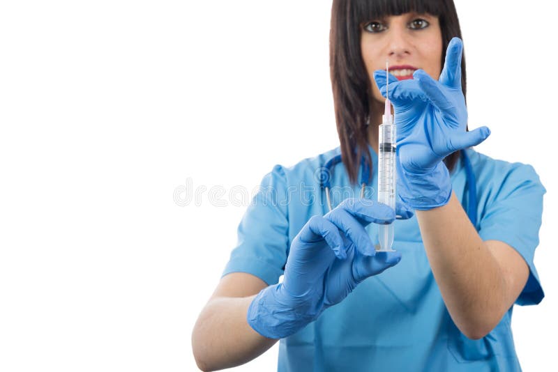 Young Female Doctor with Syringe on White Stock Photo - Image of ...