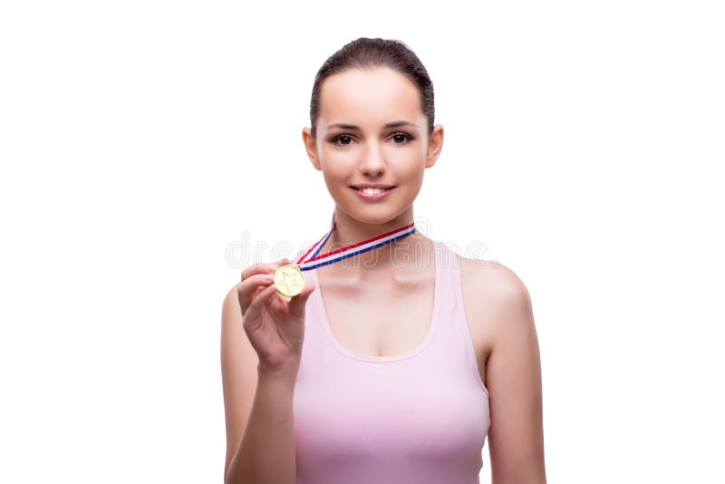 The Young Female with Gold Winner Medal Isolated on White Stock Photo ...