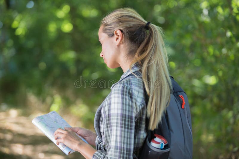 Young Female Hiker Reading Map Stock Image - Image of wood, adult ...