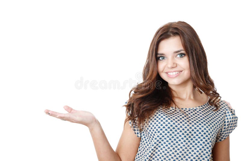 Young Female Holding Empty Hand Stock Photo - Image of brown, smiling ...