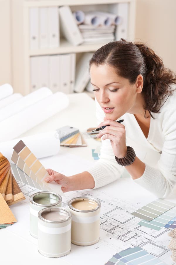 Young Female Interior Designer at Office Stock Photo - Image of working ...