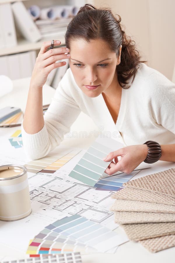 Young Female Interior Designer Working at Office Stock Image - Image of ...