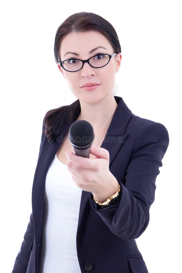 Young Female Journalist with Microphone Taking Interview Isolate Stock ...