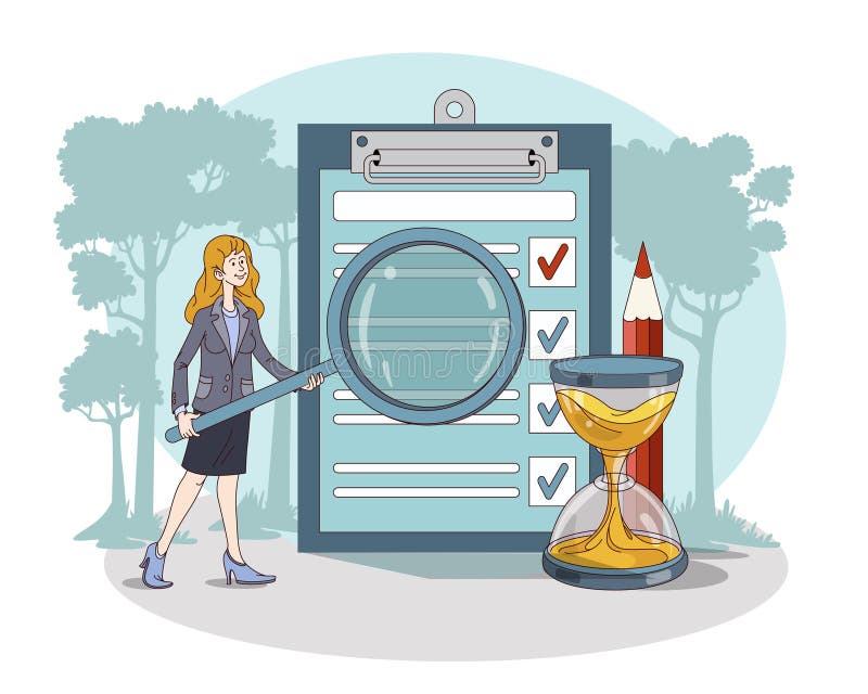 Young Female with Magnifying Glass Examine Checklist. Workers Complete ...