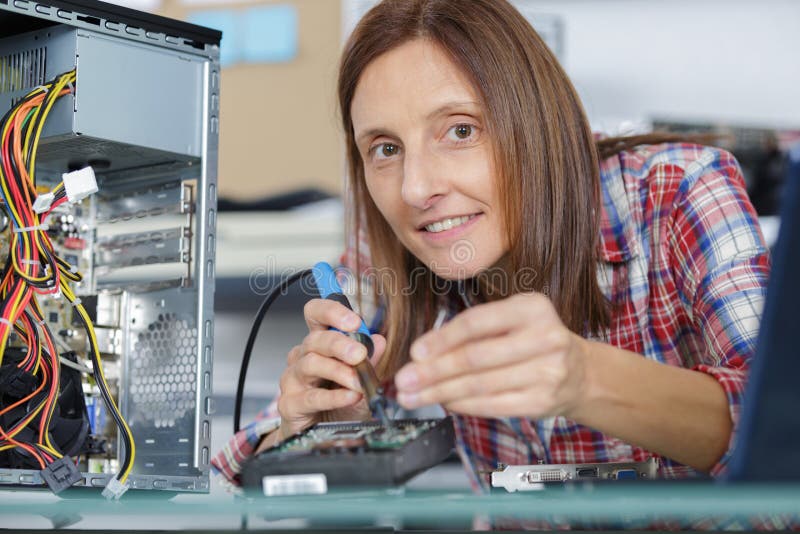 Young Female Pc Technician Fixing Pc Stock Image - Image of cables ...