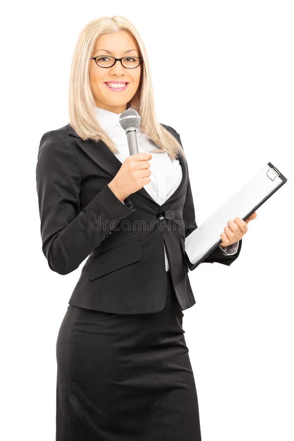 Female Presenter Stands Above Blank White Board Smiling Woman Stock ...