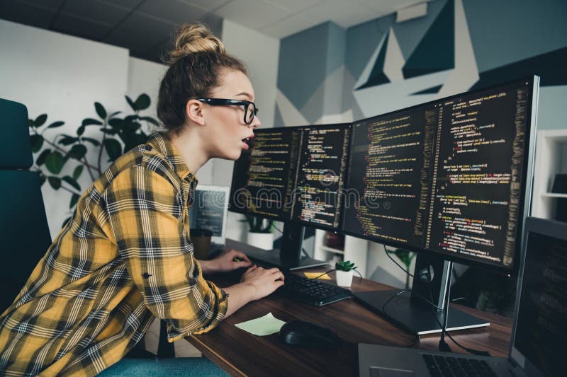 Female Programmer Focused Coding Modern Workspace Dual Monitors Stock Photos - Free & Royalty ...