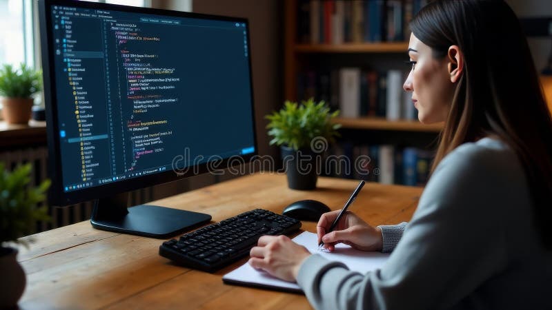 Young Female Programmer Working at Home, Woman Focused on Coding at ... Young Female Programmer Working at Home, Woman Focused on Coding at ...