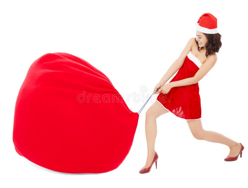 Young Female Pulling a Heavy and Big Gift Bag Stock Image - Image of ...
