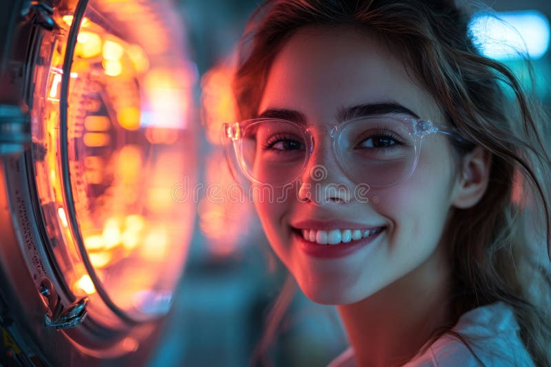 Young Female Scientist Smiling Confidently in Lab with Glowing ...