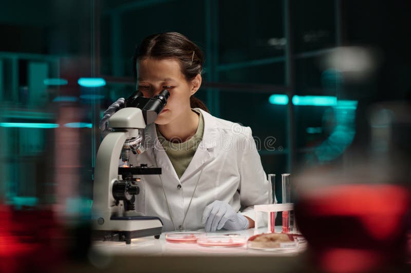 Young Female Scientist Working with Microscope in Lab Stock Image ...