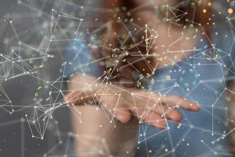 Young Female Showing a Network of Data with Connecting Dots Stock ...